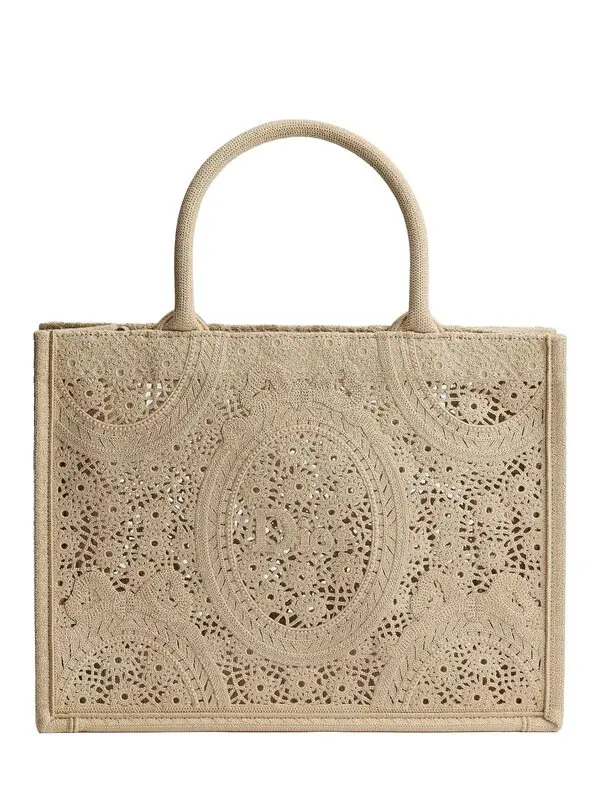 Dior Medium Book Tote With Strap In Embroidered Crochet - Light Brown