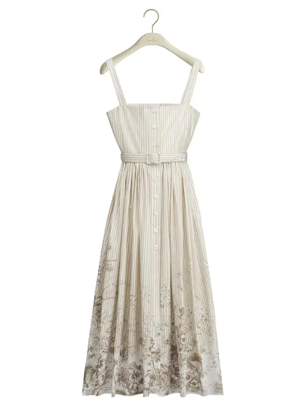 Dior Mid-length Belted Dress With Toile De Jouy Floral Garden Motif - Beige