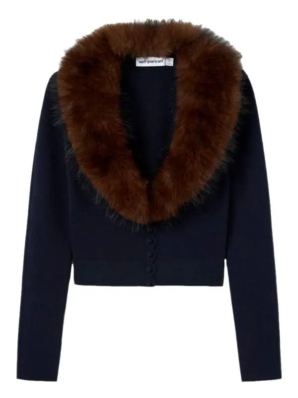SELF-PORTRAIT Faux Fur Trim Cropped Cardigan - Navy