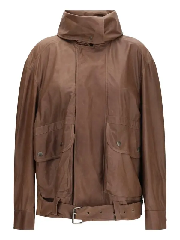 Calvin Klein Belted High Collar Leather Jacket - Brown