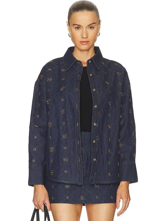 Line & Dot Embellished Denim Shirt Jacket - Light Blue