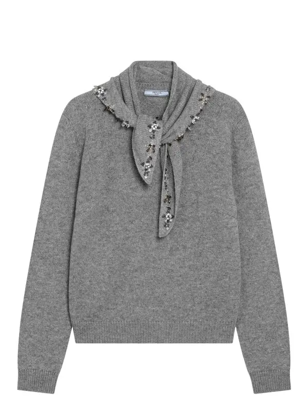 Prada Grey Cashmere Sweater With Jeweled Scarf - Gray
