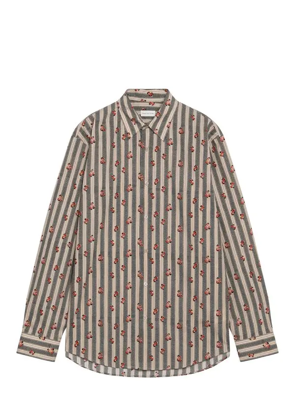 Dries Van Noten Beige Striped Cotton Shirt With Floral Print - Cream
