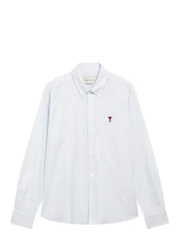 AMI Paris Cotton Striped Shirt With De Coeur Embroidery - Blue