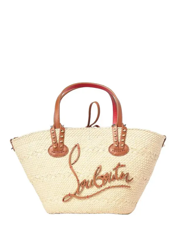 CHRISTIAN LOUBOUTIN Woven Raffia Tote Bag With Leather Accents And Studs - Cream