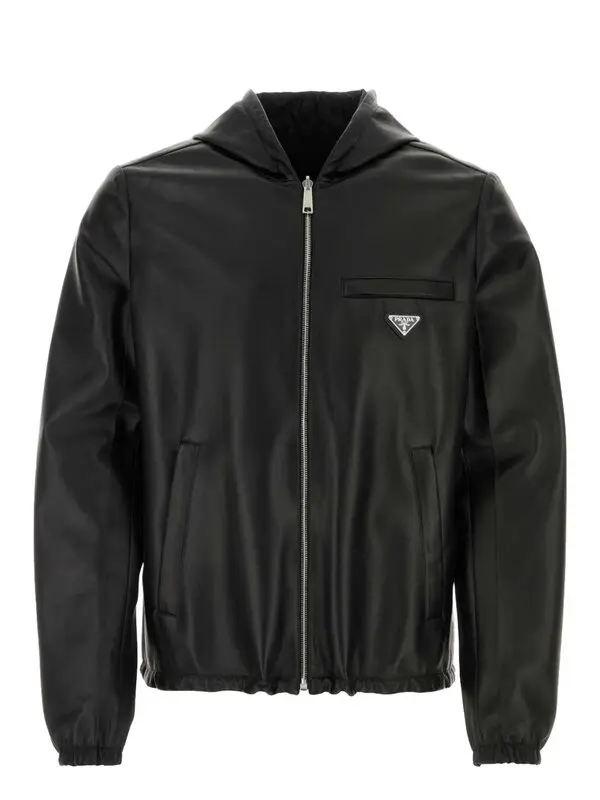 Prada Zip-up Hooded Jacket In Lambskin And Recycled Polyamide - Black