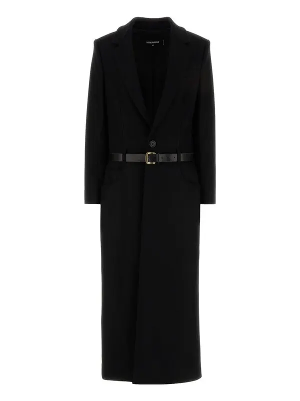 Dsquared2 Stretch Wool Blend Coat With Leather Belt - Black