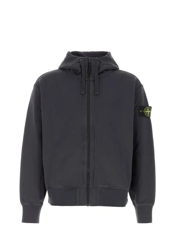 Stone Island Cotton Zippered Hoodie With Detachable Logo Patch - Blue