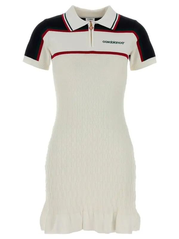 Casablanca Viscose Blend Polo Dress With Striped Embroidery - White
