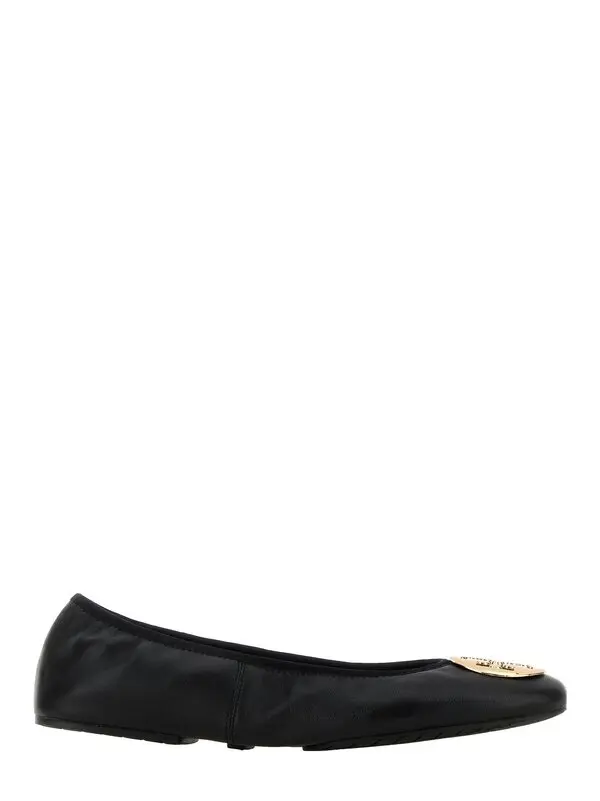 Tory Burch Pebble Leather Ballerinas With Logo Detail - Black