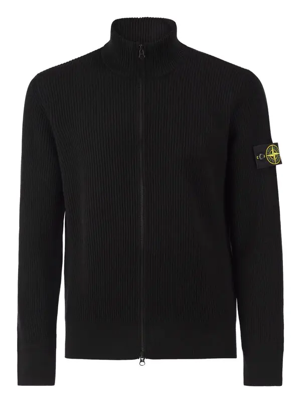 Stone Island Virgin Wool Ribbed High Neck Zip-up Cardigan - Black