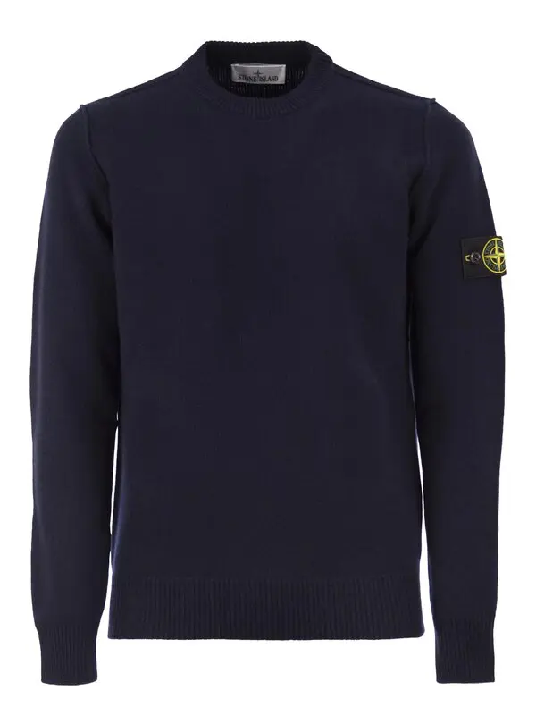 Stone Island Crew Neck Jumper With Reverse Stitch Details - Blue