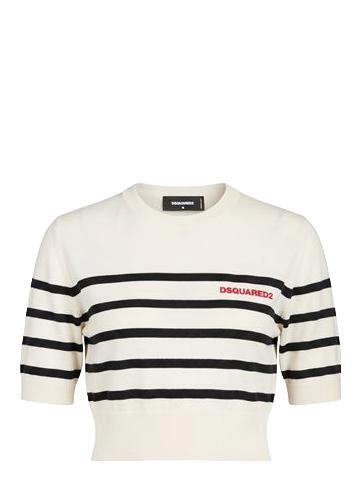 Dsquared2 Virgin Wool Cropped Sweater With Striped Design And Embroidered Logo - White