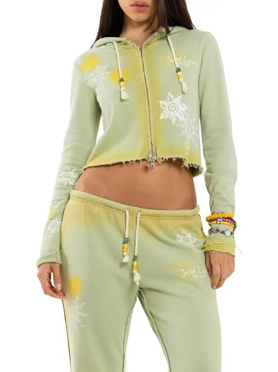 JADED LONDON Two-tone Graphic Cropped Full Zip Hoodie - Green