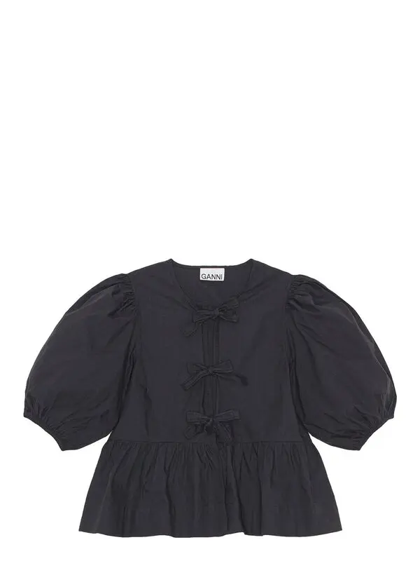GANNI Cotton Poplin Peplum Tie Blouse - Black