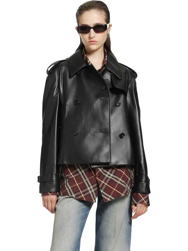 Burberry Cropped Leather Mayfair Trench Jacket - Black