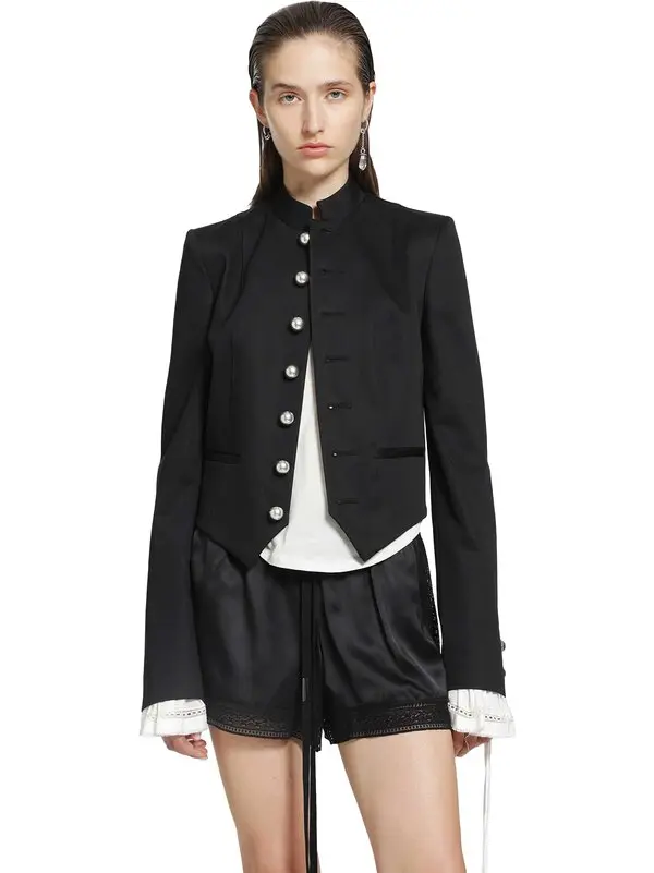 ANN DEMEULEMEESTER Cotton Twill Cropped Stand Collar Jacket - Black