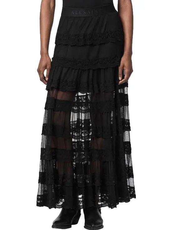 ALLSAINTS Lace Ruffle Maxi Skirt - Black