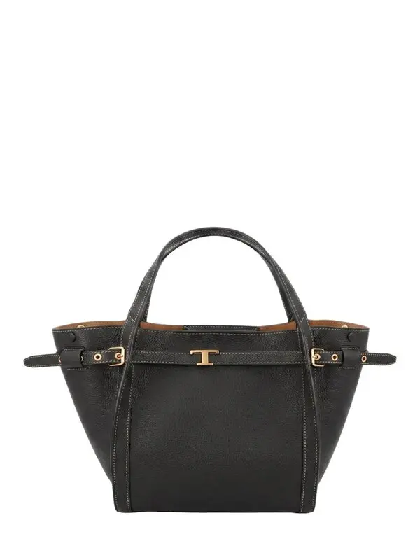 TOD'S T Signature Mini Shopping Bag In Calfskin Leather - Black