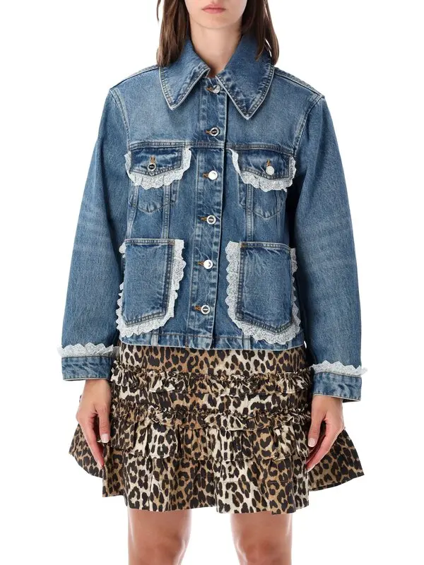 GANNI Denim Jacket With Lace Trim - Blu