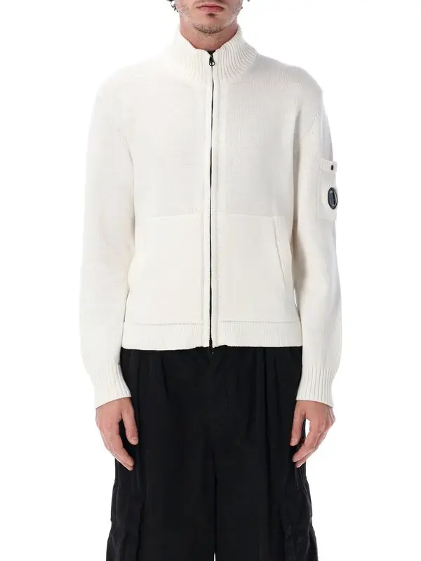 C.P. COMPANY Cotton Zip-up Cardigan With High Neck And Sleeve Pocket - White
