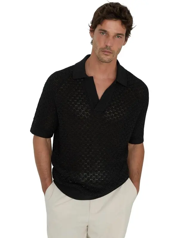 REISS Raffarty Cotton-blend Crochet-knit Polo - Black