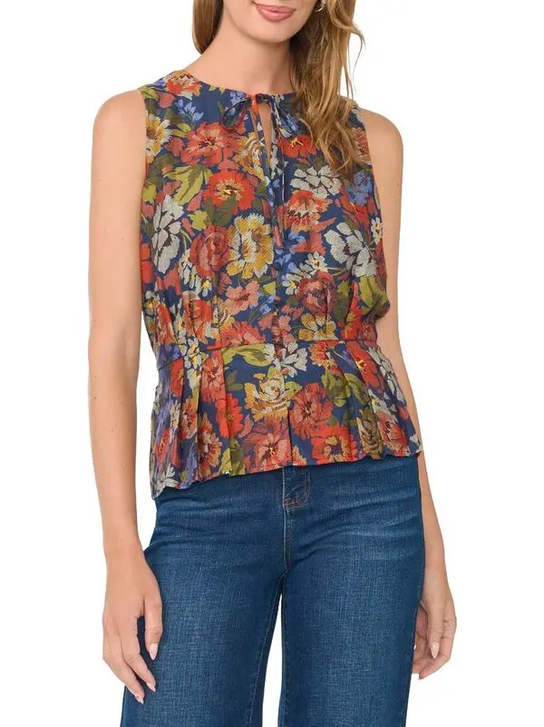 Vince Camuto Sleeveless Floral Tie-neck Peplum Top - Classic Navy
