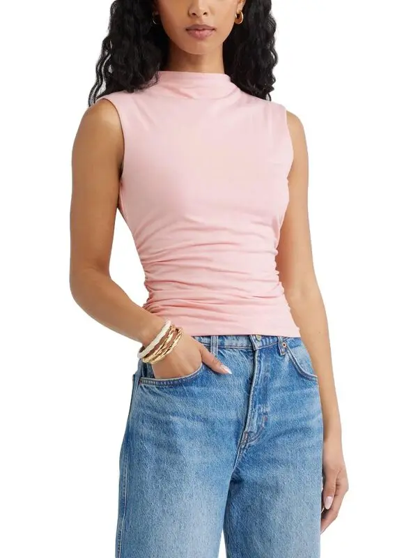OPEN EDIT Mock Neck Ruched Tank Top - Pink Coral