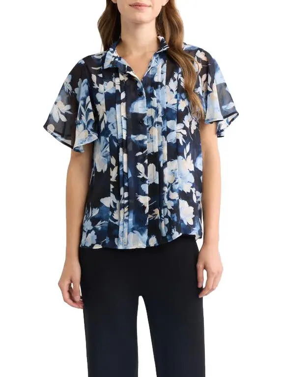 Anne Klein Pleated Floral Stand Collar Top - Dutch Blue Multi