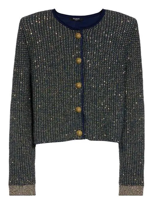 Balmain Glitter Fringe Tweed Cardigan - Sqh Navy/multi