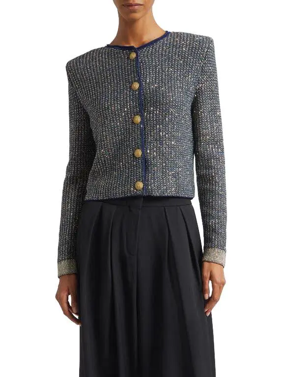 Balmain Glitter Fringe Tweed Cardigan - Sqh Navy/multi