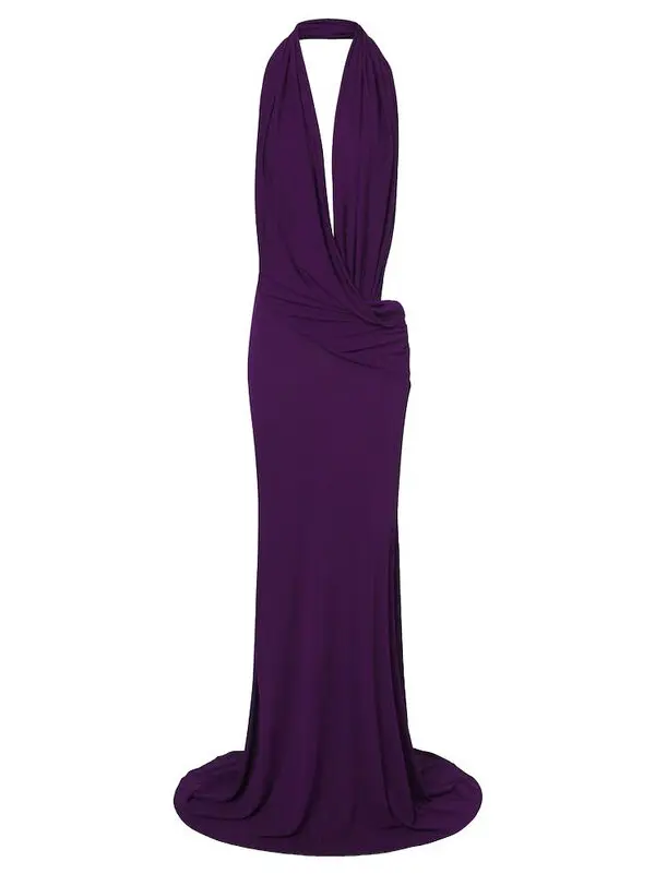 Alex Perry Draped Halterneck Jersey Gown - Purple