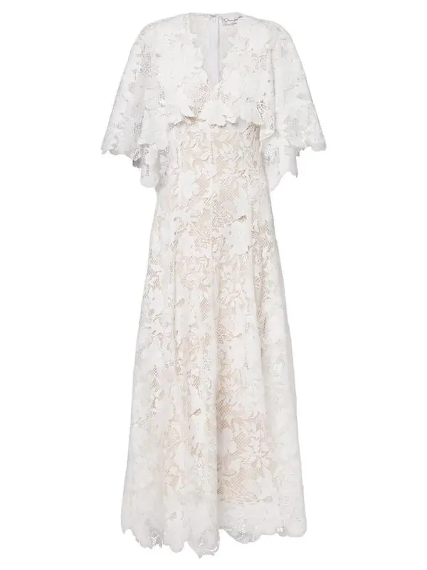 Oscar De La Renta Caped Floral Guipure Lace Gown - White