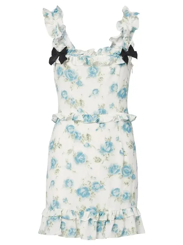 Alessandra Rich Ruffled Floral Silk Crêpe De Chine Minidress - White