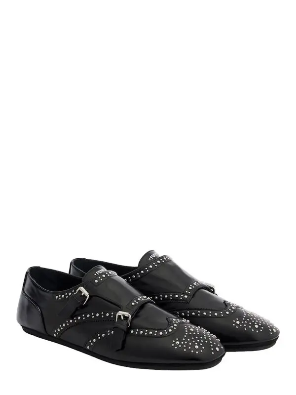 Fendi Studded Leather Monk Strap Shoes - Black