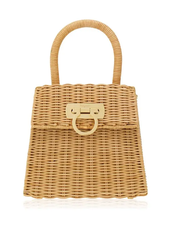 FERRAGAMO Small Wicker Top Handle Bag - Tan