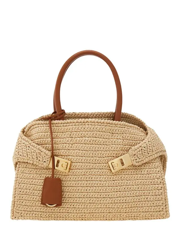 FERRAGAMO Hug Small Raffia Top Handle Bag - Tan
