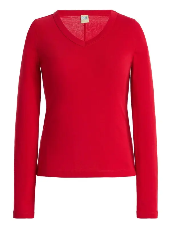 FLORE FLORE Jill Cotton V-neck Long Sleeve T-shirt - Red