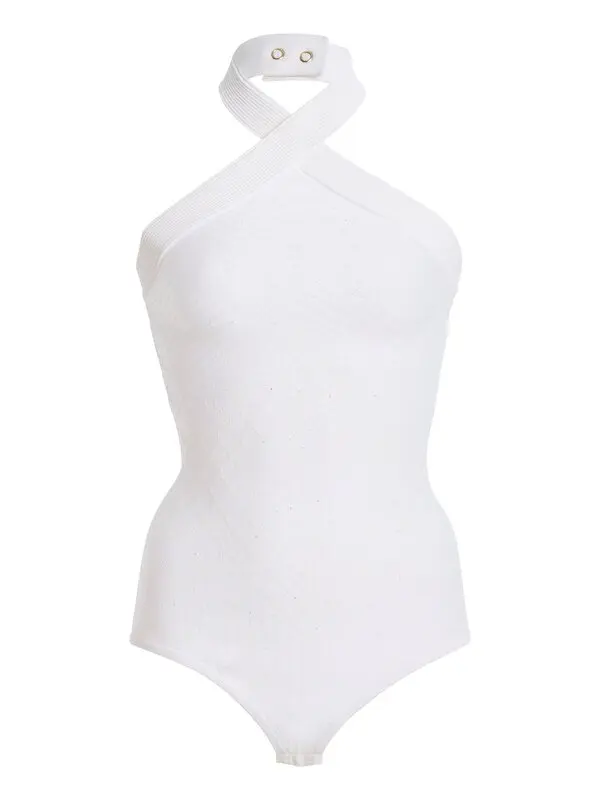 Balmain Glittered Compact Knit Halterneck Bodysuit - White