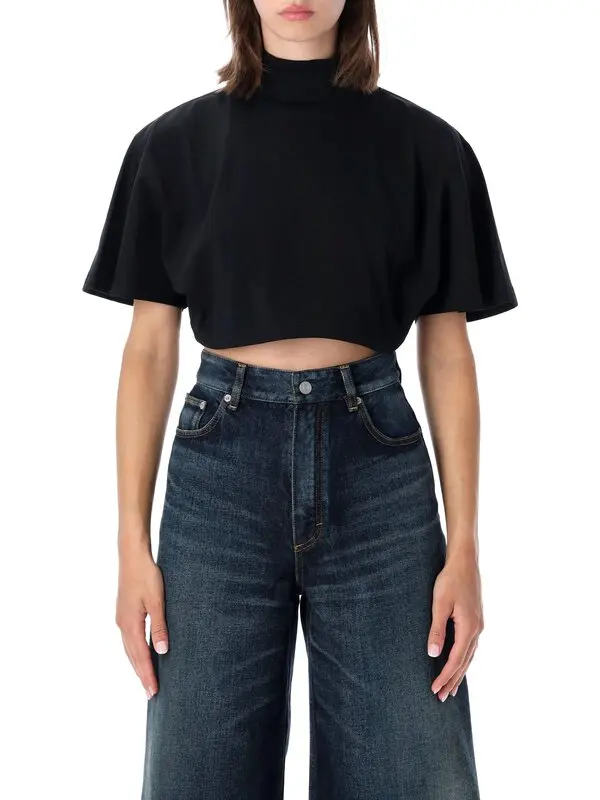 Alaïa Cropped Ribbed Mock Neck T-shirt - Nero