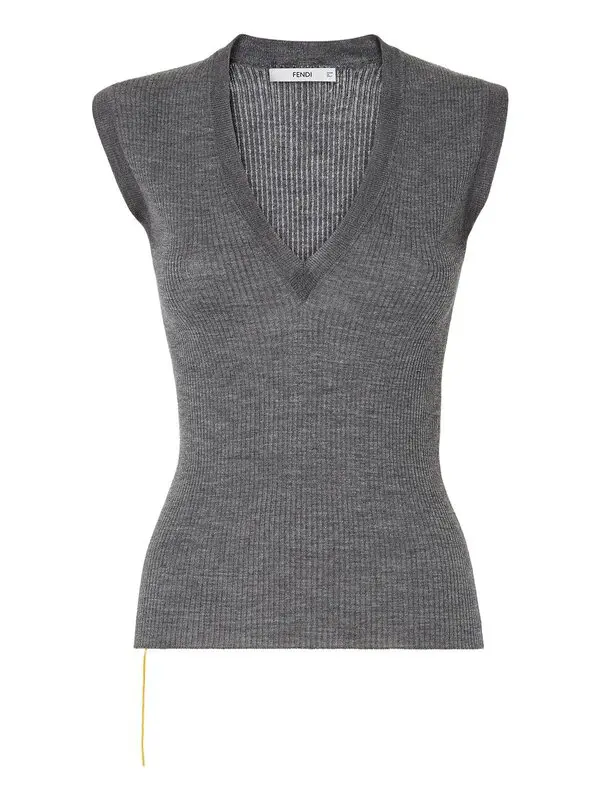Fendi V-neck Ribbed Knit Sleeveless Top - Grey