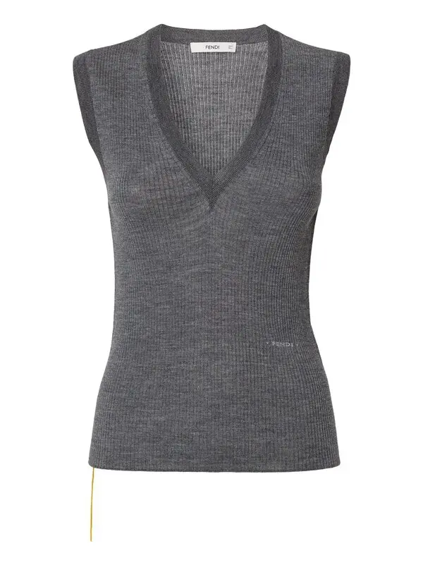 Fendi V-neck Ribbed Knit Sleeveless Top - Grey
