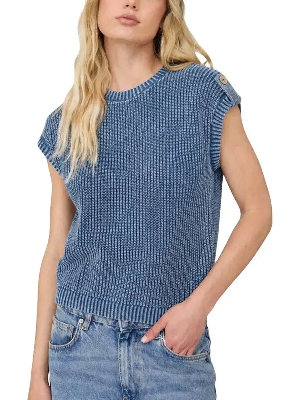 J.O.A. Acid Wash Ribbed Sweater With Button Embellishments - Indigo