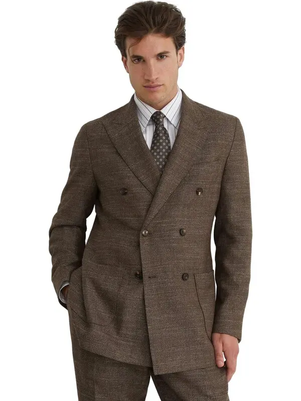 REISS Vallance Wool-blend Double-breasted Herringbone Blazer Classic-fit - Brown