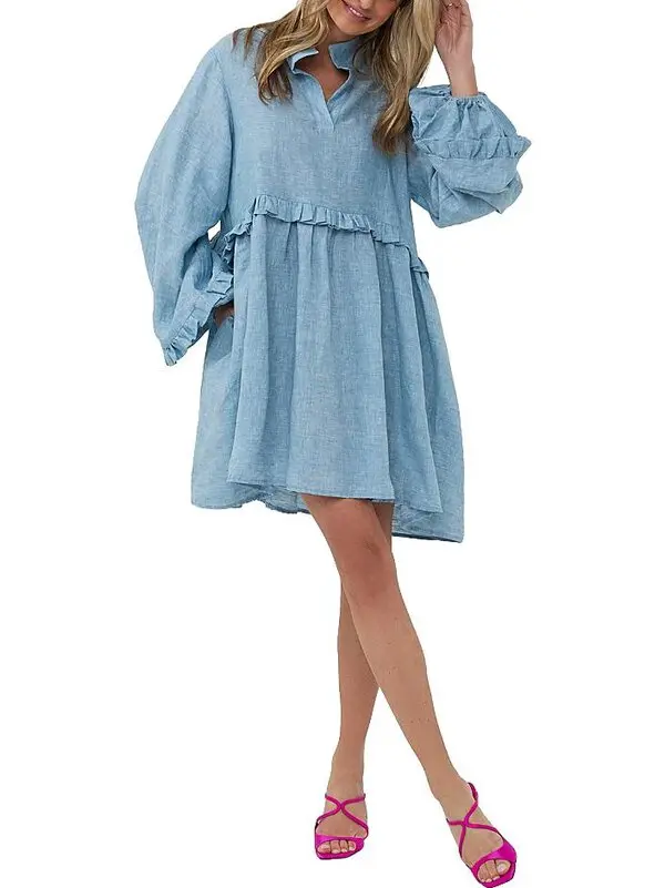 MARIELLE STOKKELAAR Blanche Linen Dress With Ruffled Sleeves - Light Blue