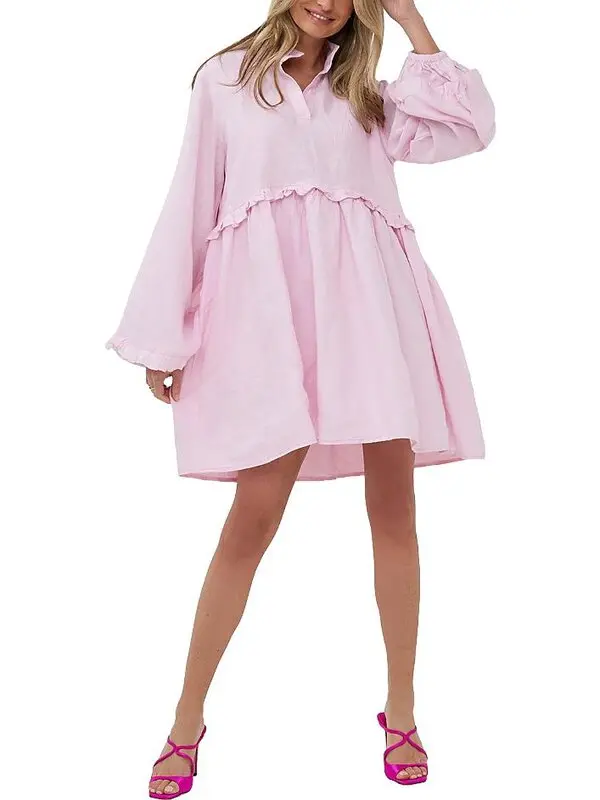 MARIELLE STOKKELAAR Blanche Linen Dress With Ruffled Sleeves - Pink