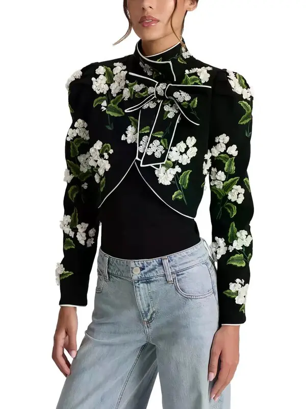Alice + Olivia Addison Floral-embroidered Cropped Jacket - Black