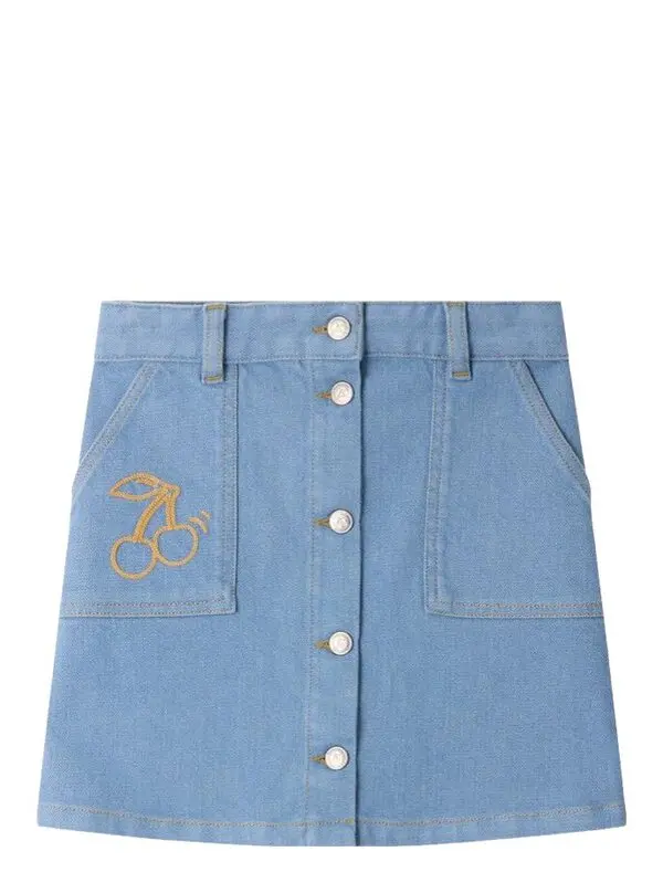 Bonpoint Dexie Embroidered Organic Cotton Denim Skirt - Gray-blue