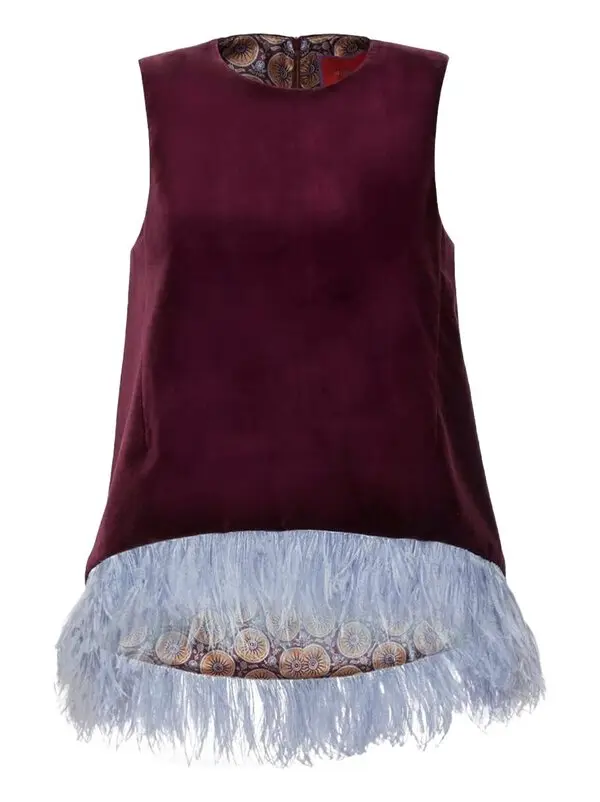 La DoubleJ La Scala" Velvet Top With Feather Trim - Brown