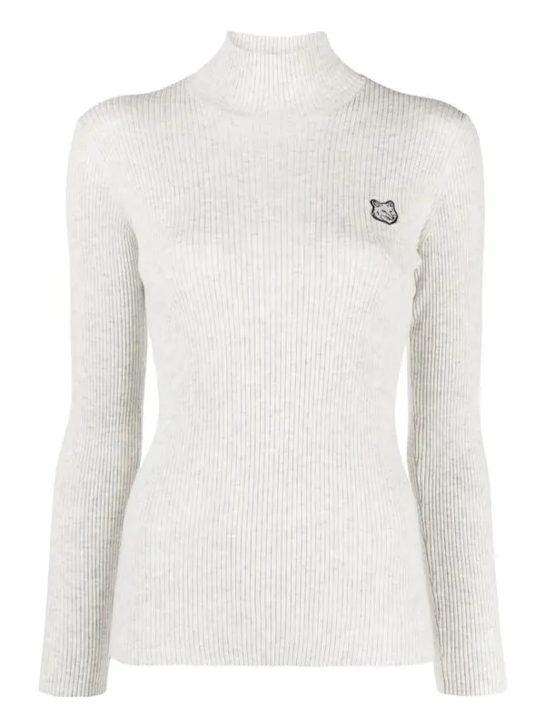 Maison Kitsuné Ribbed Knit Mock Neck Sweater With Fox Motif - Light Gray